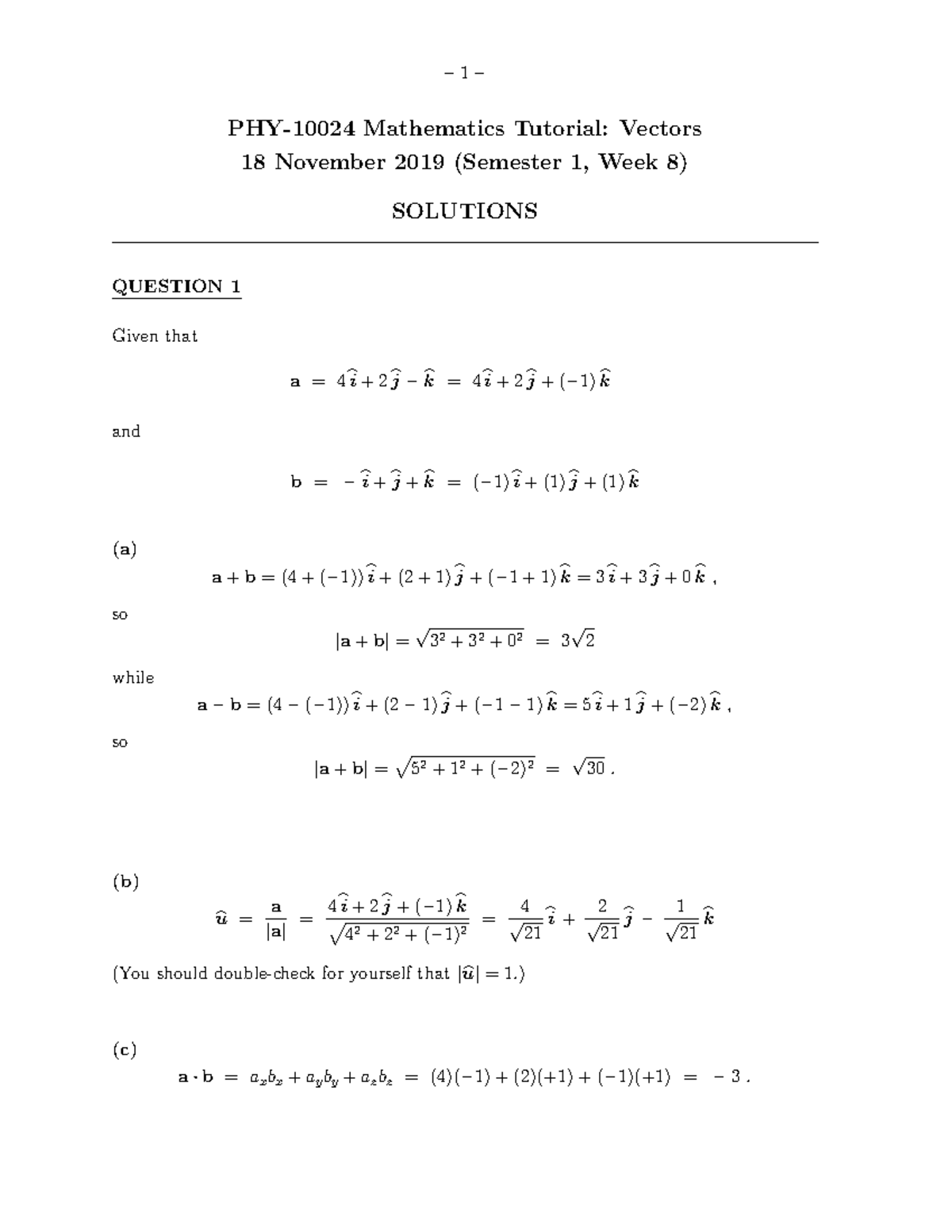 Semester 1 Tutorial 7 2019 Solutions - PHY-10024 Mathematics Tutorial ...