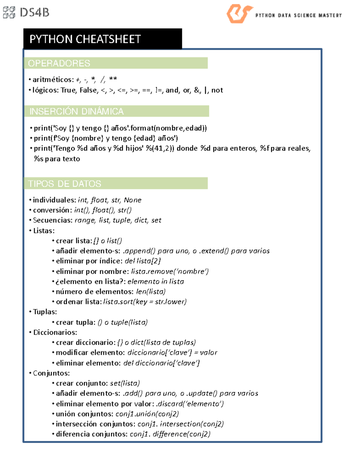 Cheatsheet Python - OPERADORES • aritméticos: +, -, *, /, ** • lógicos ...