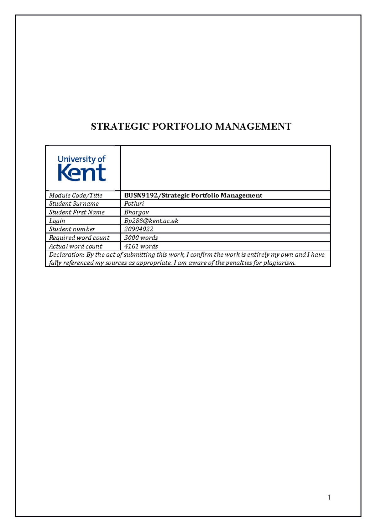 Strategic portfolio management essay - STRATEGIC PORTFOLIO MANAGEMENT ...