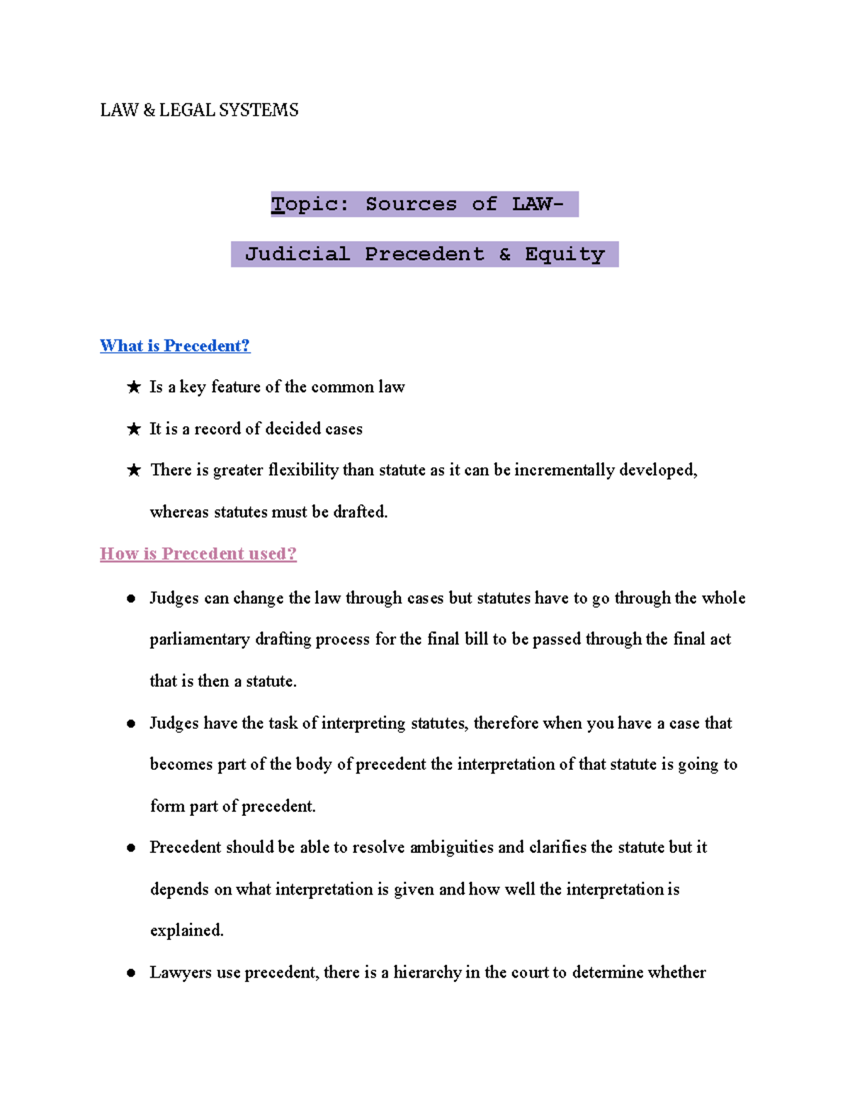 LLS Lecture- Sources of Law 1 - Precedent and Equity - LAW & LEGAL ...