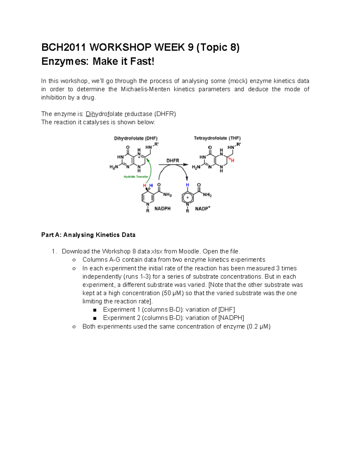 BCH2011 Workshop 8 Instructions - BCH2011 WORKSHOP WEEK 9 (Topic 8) Enzymes: Make it Fast! In ...