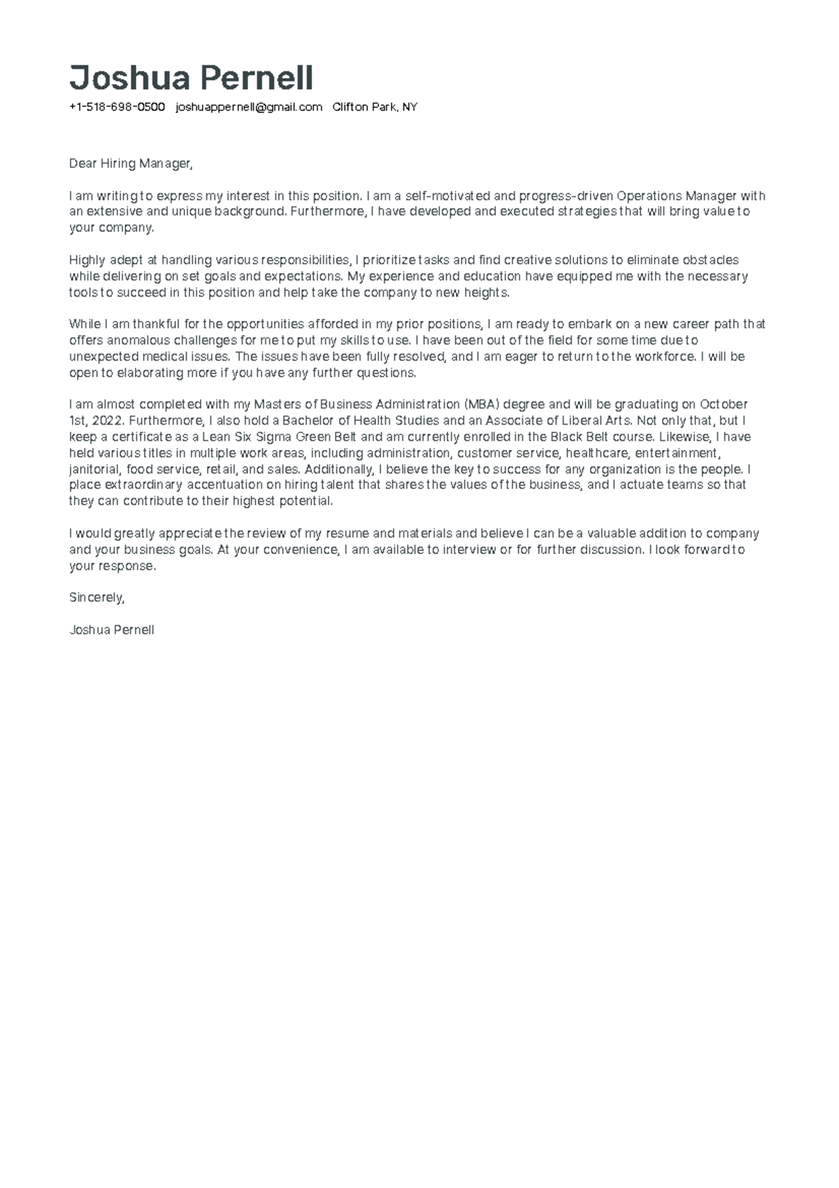 Joshua Pernell Cover Letter - Dear Hiring Manager, I am writing to ...