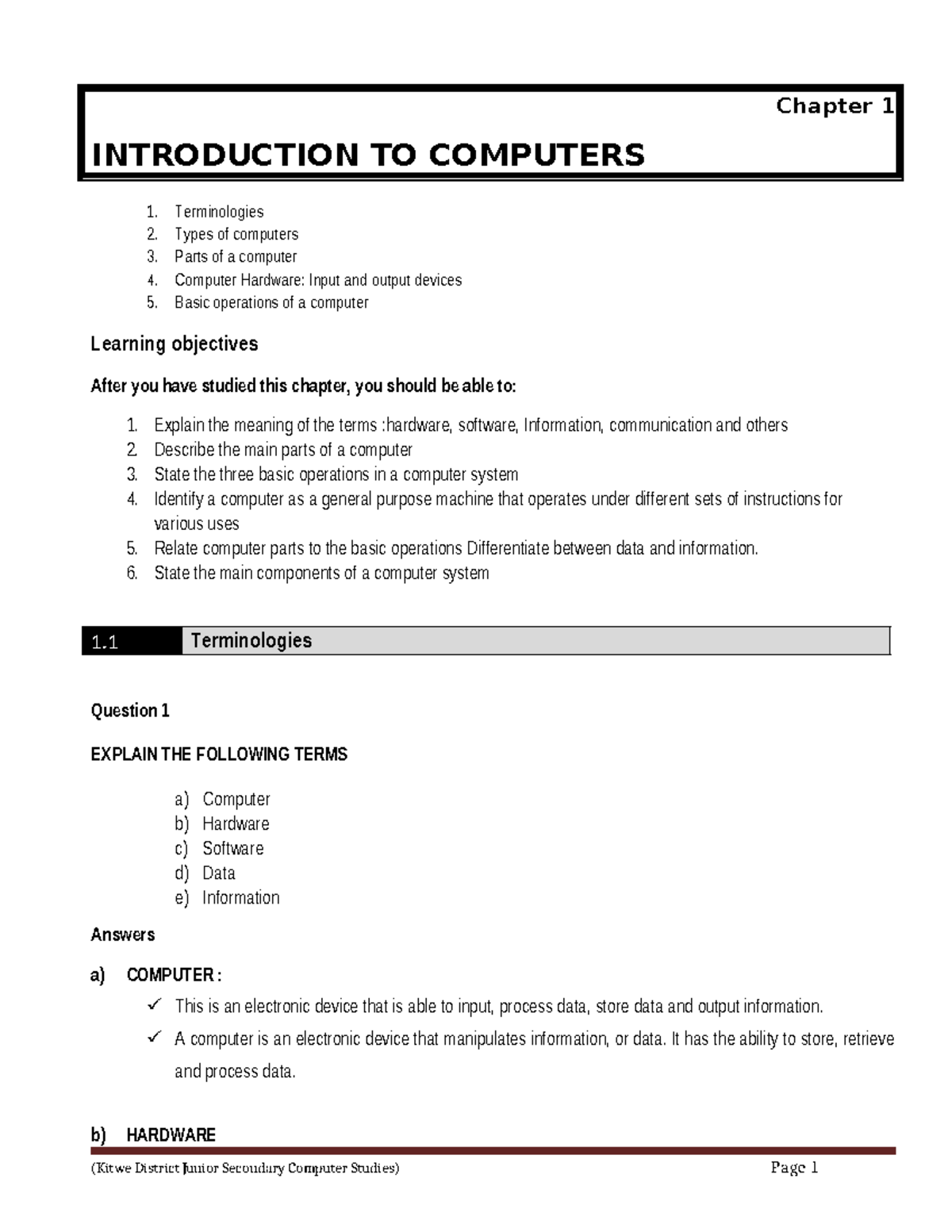 Computer Studies (Junior) - Chapter 1 INTRODUCTION TO COMPUTERS 1. Terminologies 2. Types of ...