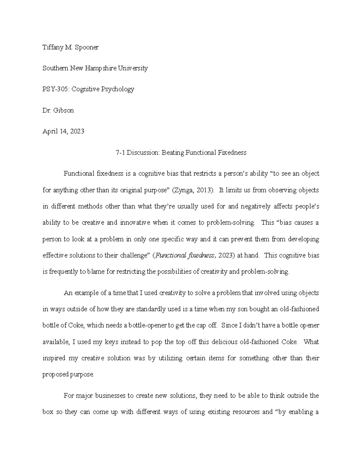 7-1 Discussion Beating Functional Fixedness - Tiffany M. Spooner ...