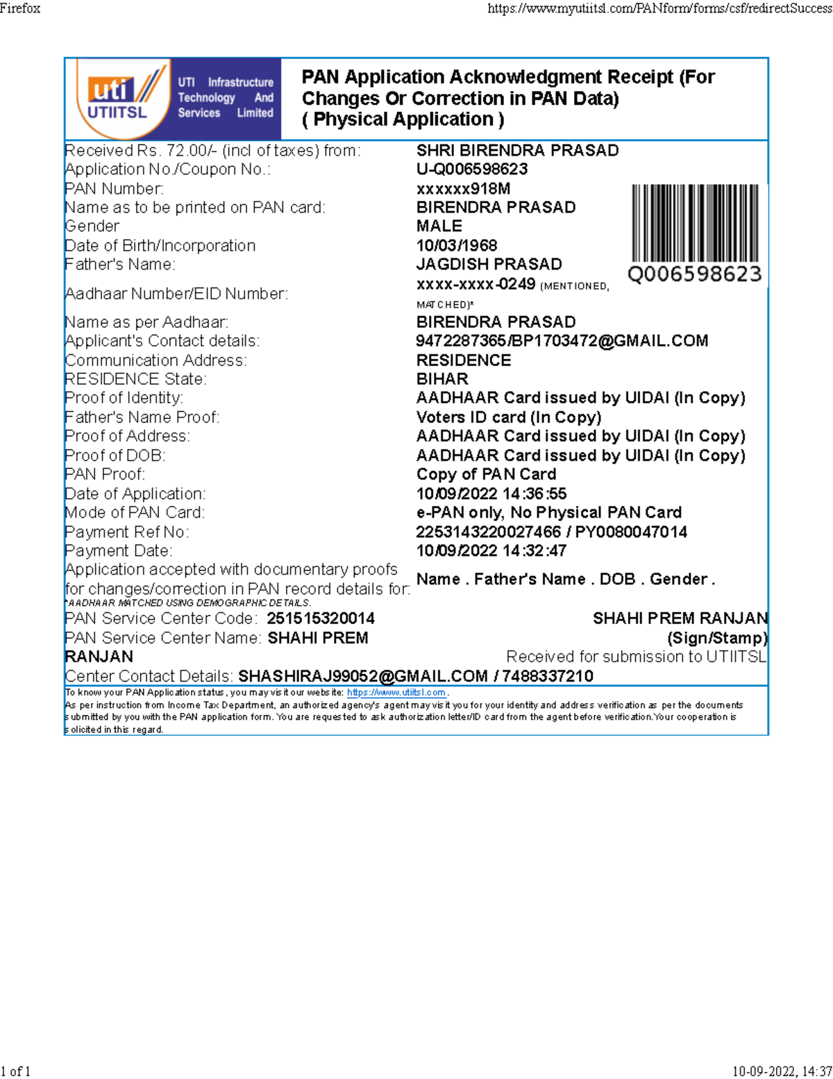 Redirect Success Bijender - PAN Application Acknowledgment Receipt (For ...