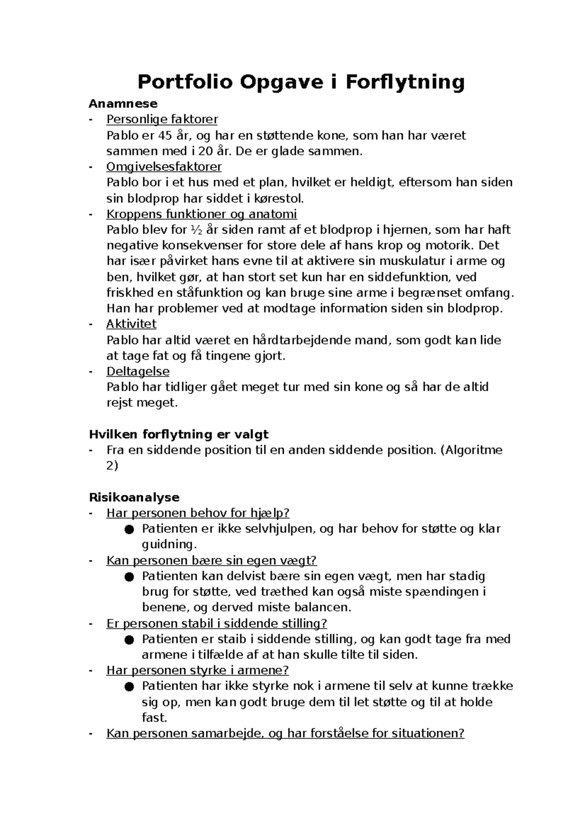 Forflytning - portfolieopgave - Portfolio Opgave i Forflytning Anamnese ...