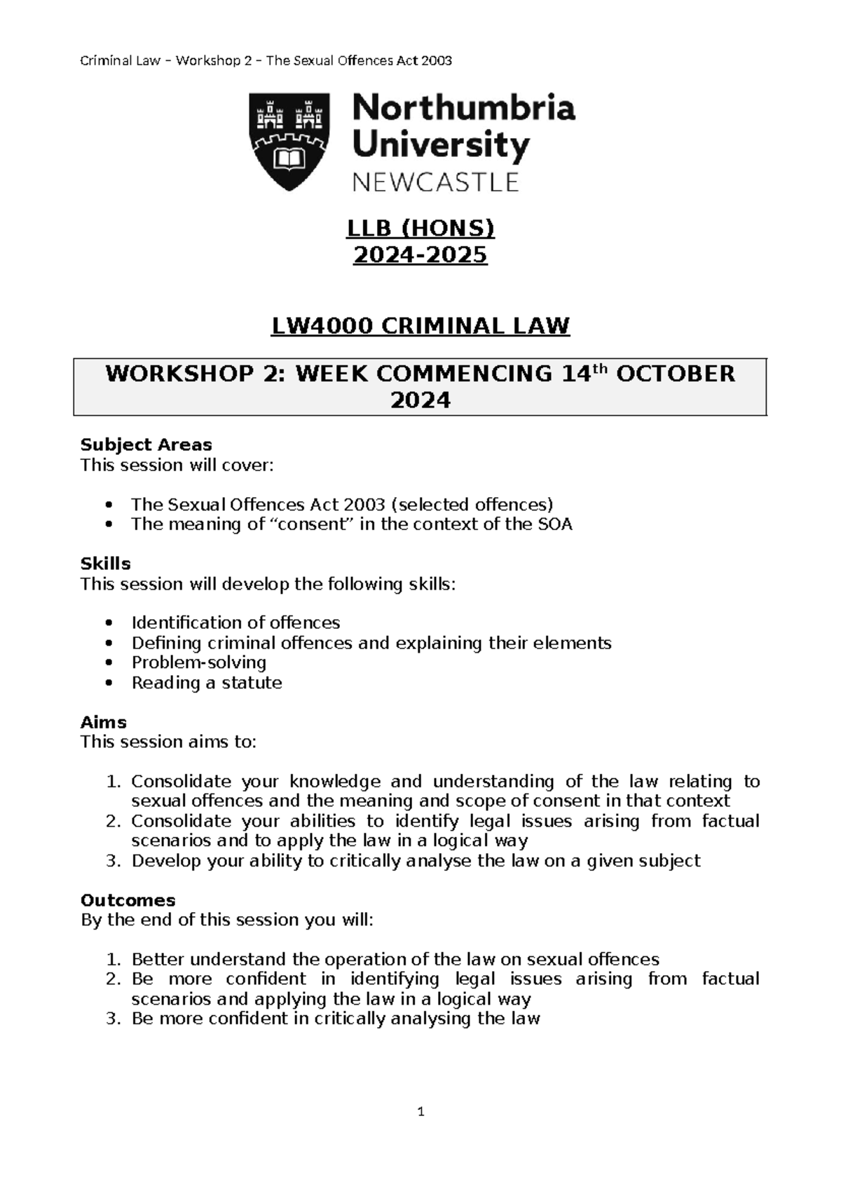 Workshop 2 - Week beginning 14th October - LLB (HONS) 2024- LW4000 ...