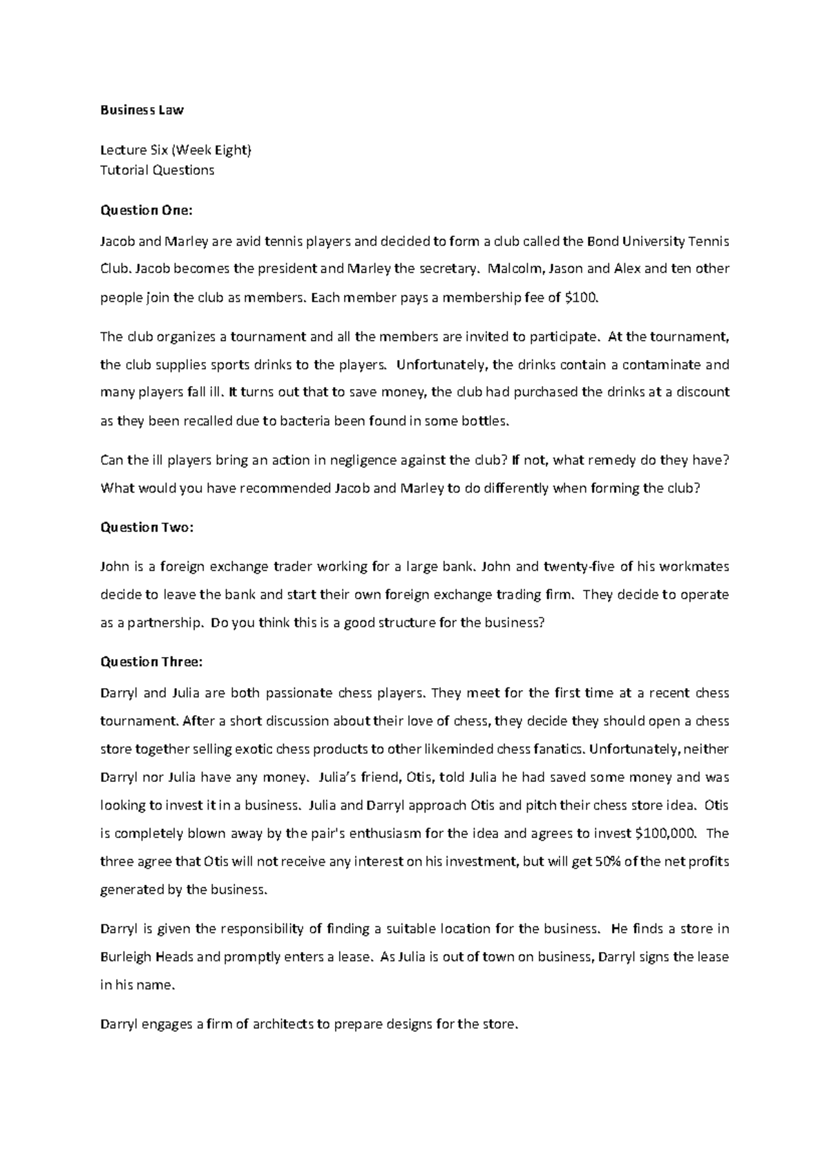 Tutorial Six Questions - Business Law Lecture Six (Week Eight) Tutorial ...