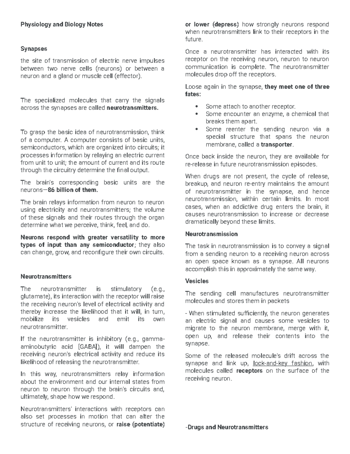 Physio Bio Neurotransmitters - Physiology and Biology Notes Synapses ...