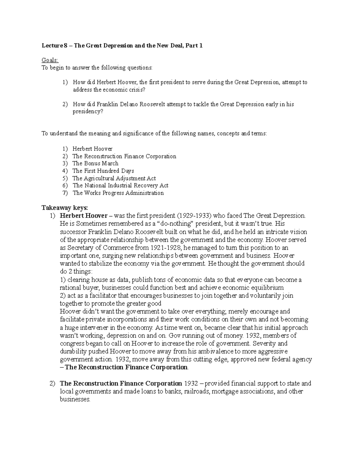 Lecture 9 notes - Lecture 8 – The Great Depression and the New Deal ...