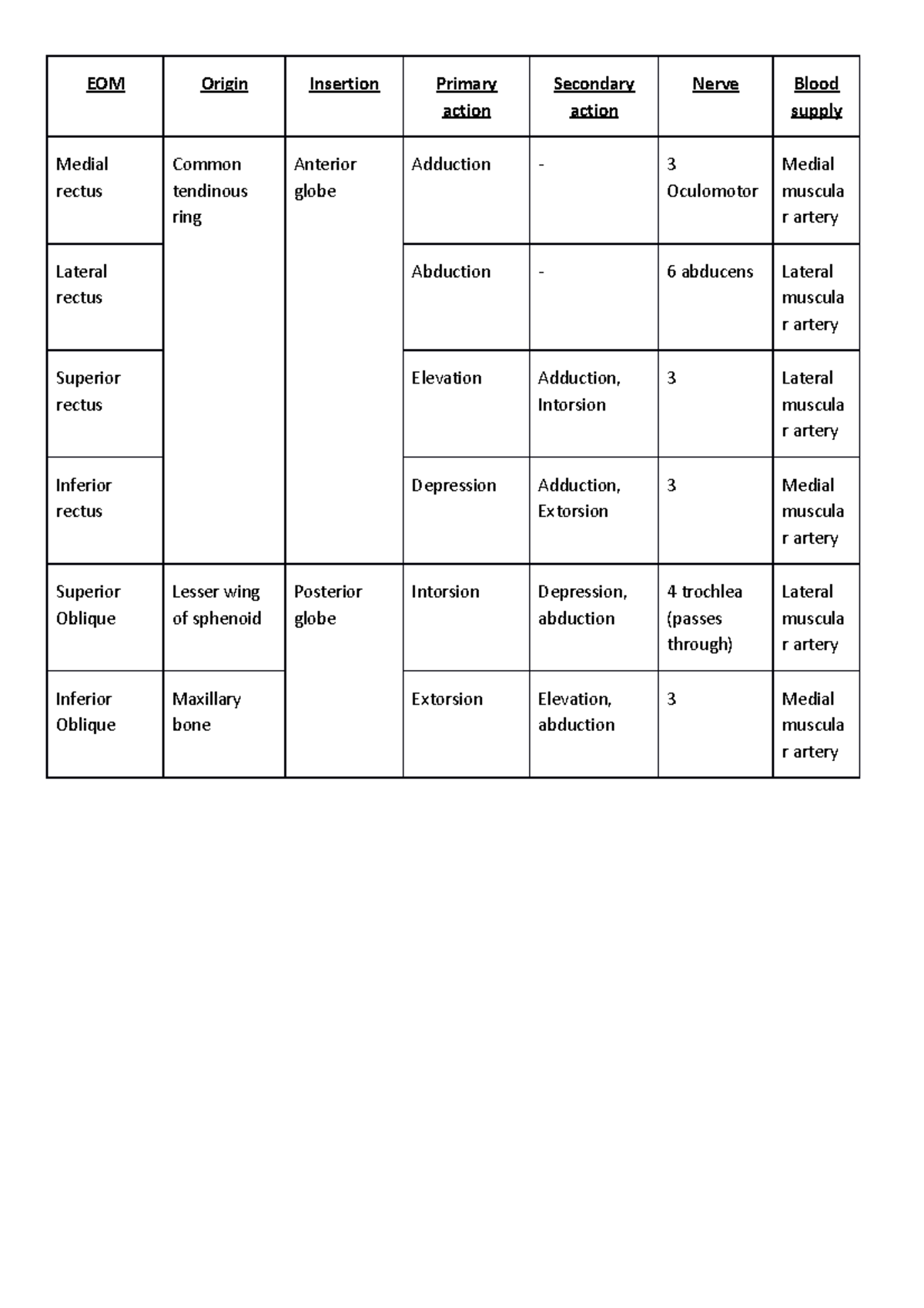 Slide test 2 summary - EOM Origin Insertion Primary action Secondary ...