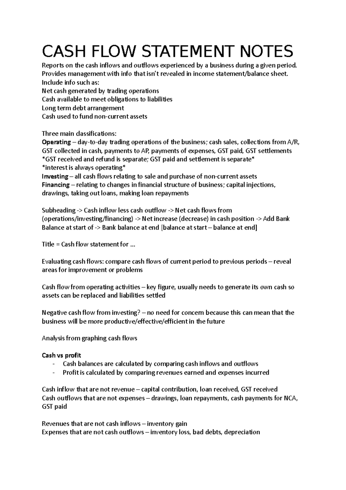 Accounting - CASH FLOW Statement Notes - CASH FLOW STATEMENT NOTES ...