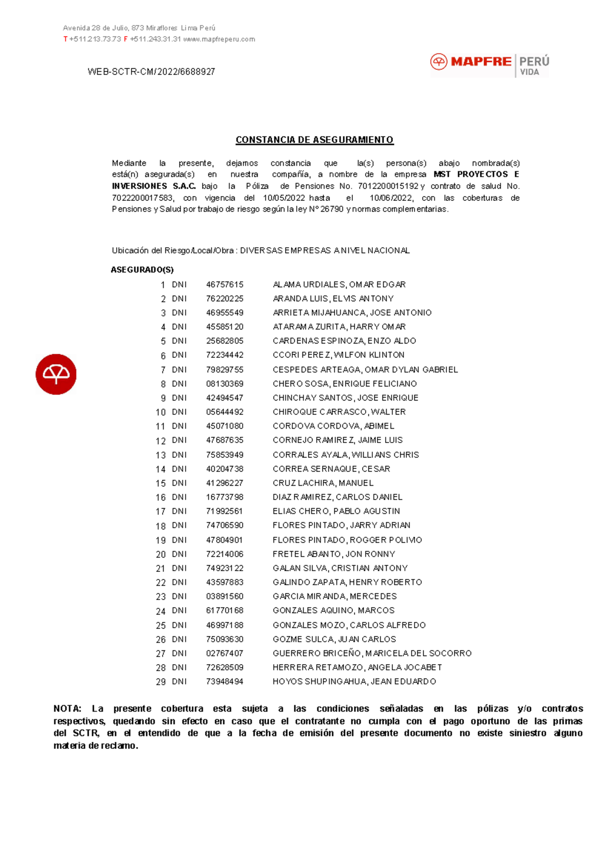 Constancia sctr MST - MODELO DE un scrt de personal de staff y de trabajadores propios de una ...