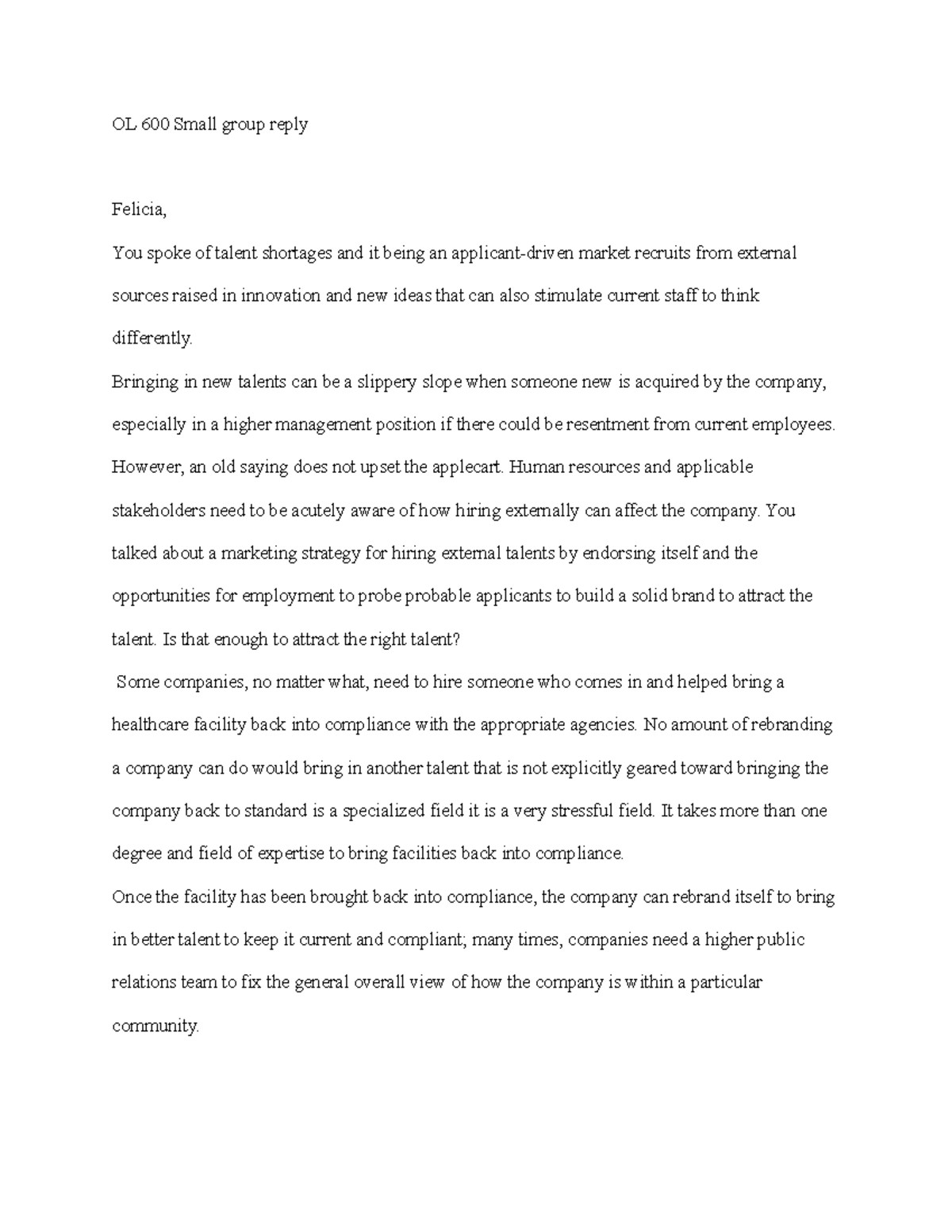 OL 600 Small group reply staffing challanges - OL 600 Small group reply ...