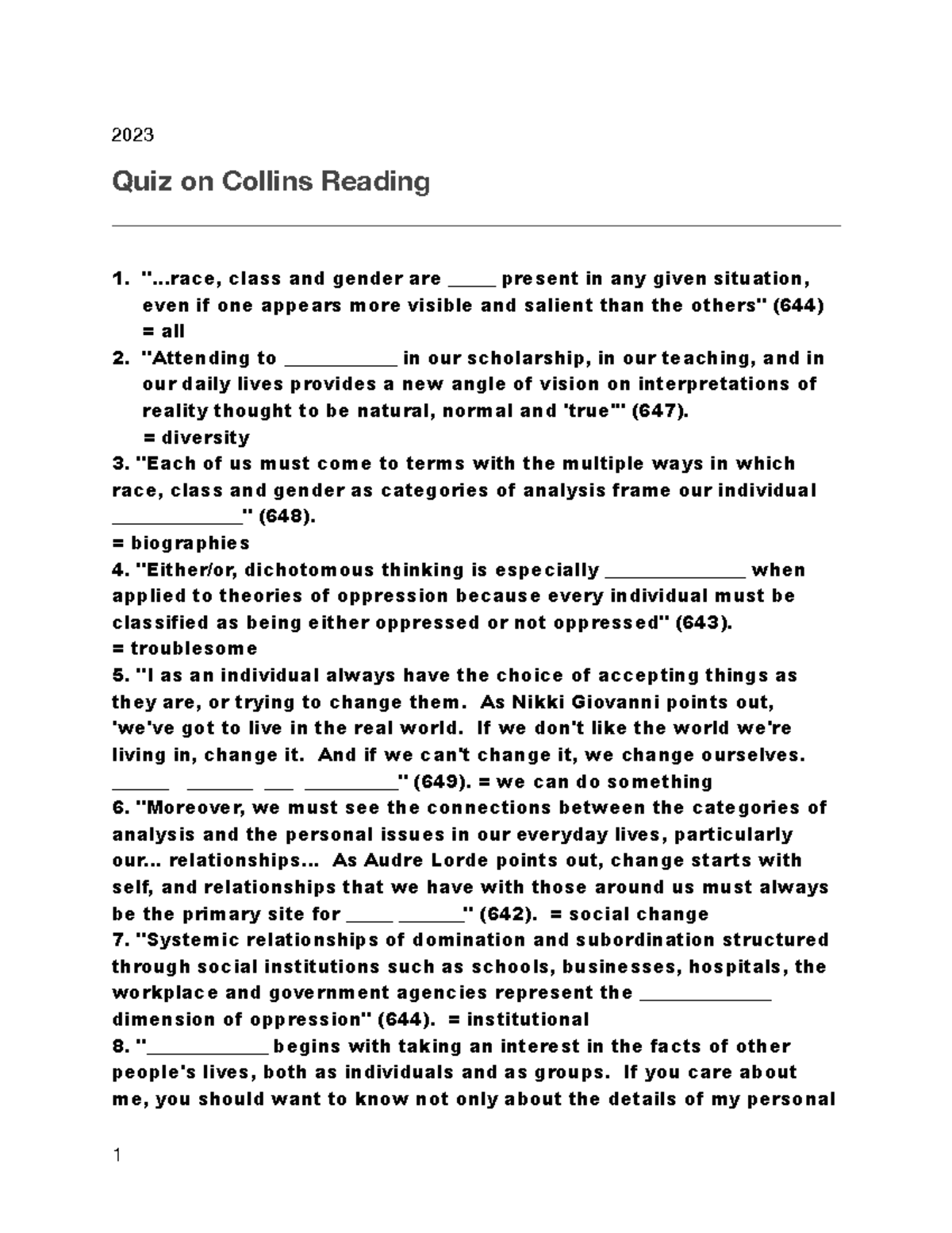 Quiz on Collins - Quiz practice question with answers. - 2023 Quiz on ...