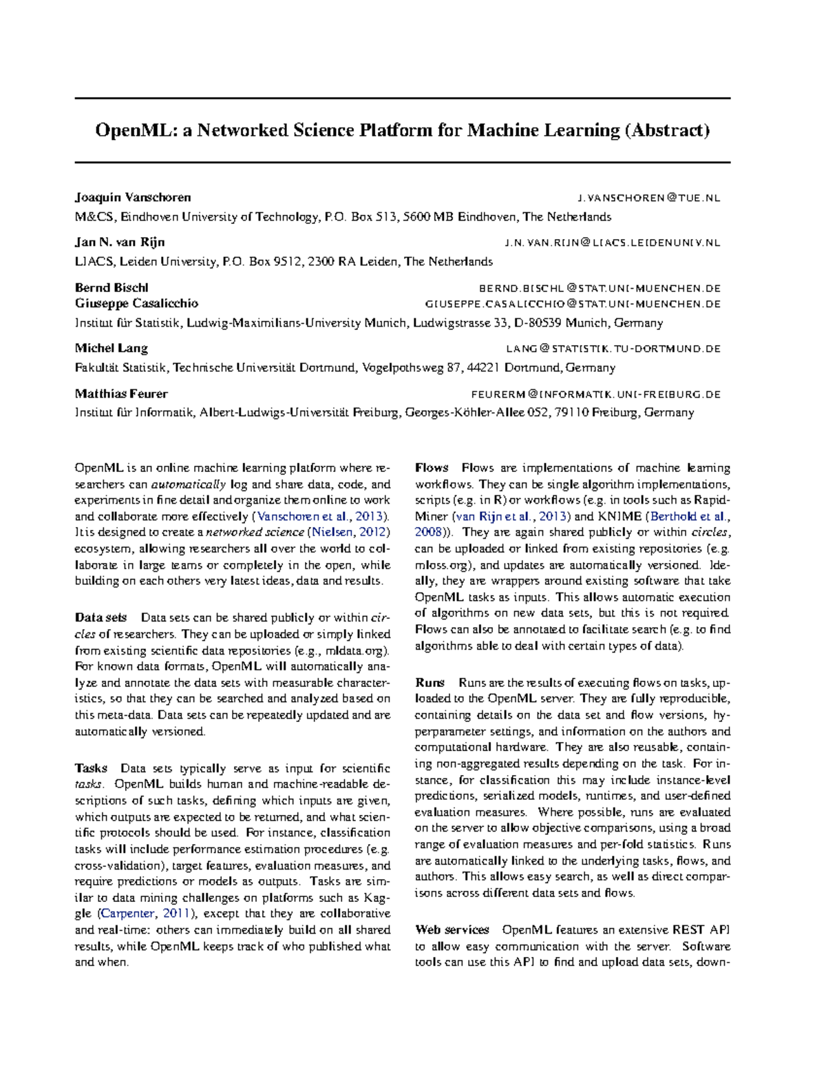 Open ML a Networked Science Platform for Machine Learning (Abstract ...