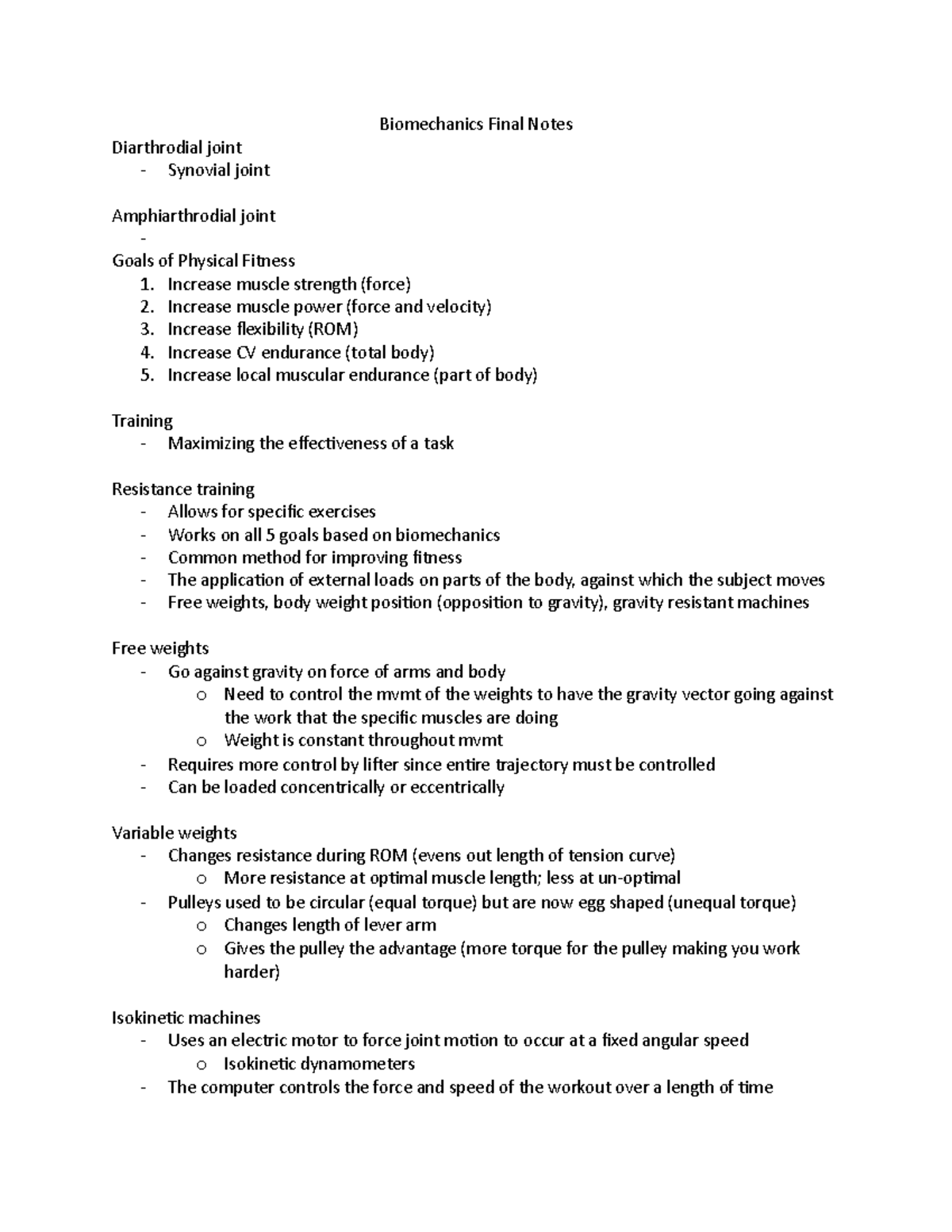 Biomechanics Final Notes - Biomechanics Final Notes Diarthrodial joint ...