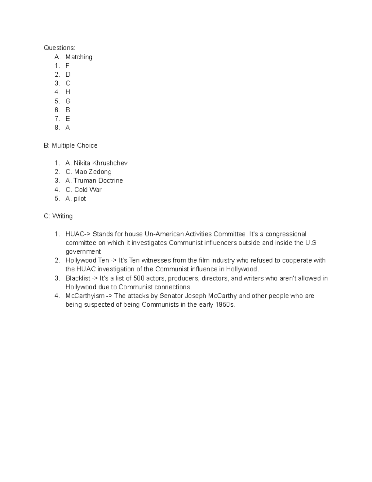 History worksheet for today - Questions: A. Matching 1. F 2. D 3. C 4 ...