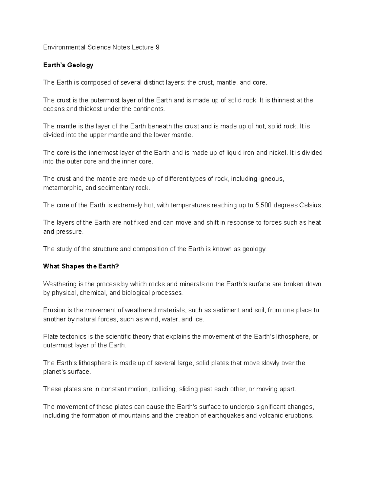 Earth s Geology Notes - Environmental Science Notes Lecture 9 Earth’s ...