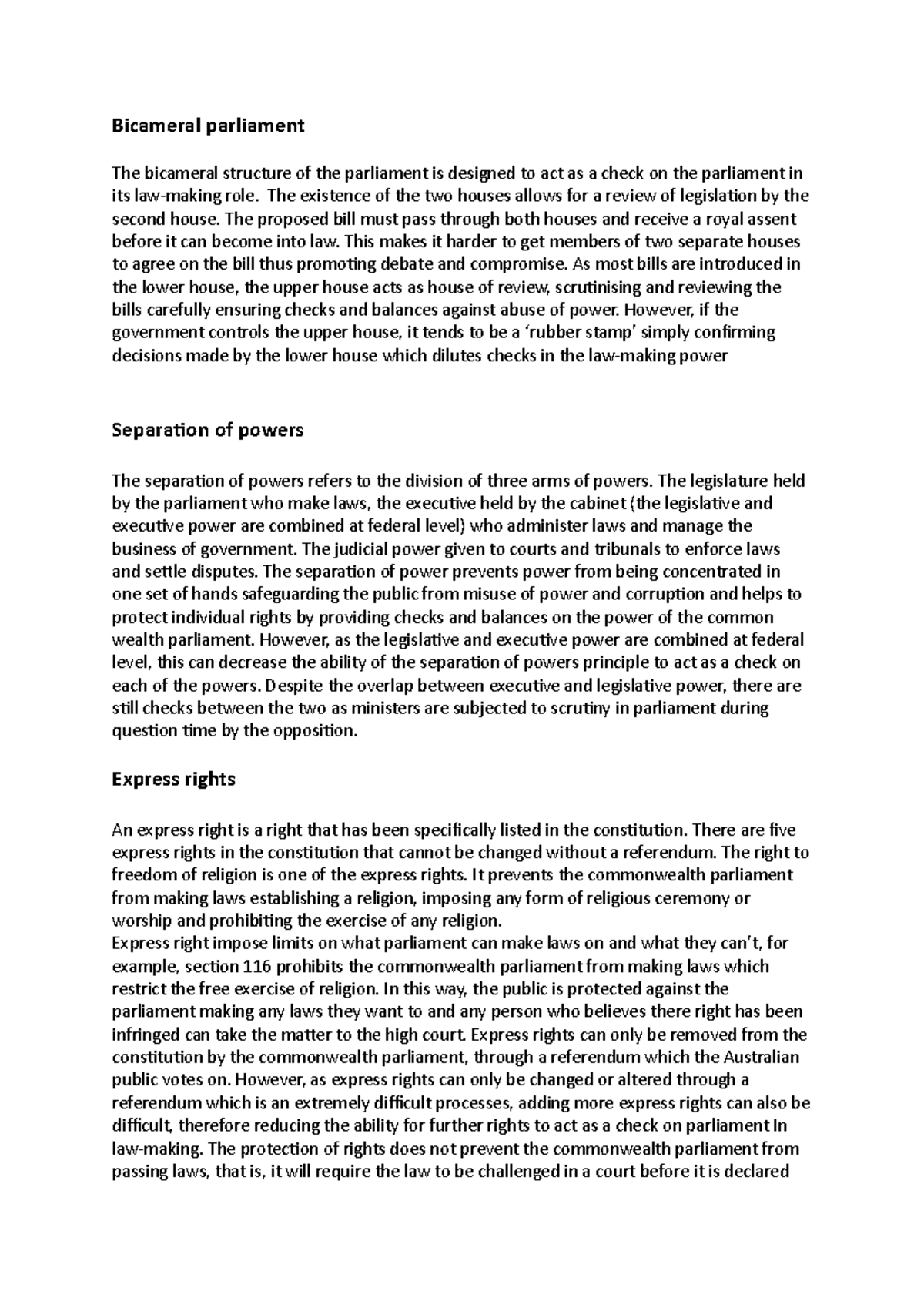 Parliament and separation of powers - Bicameral parliament The ...