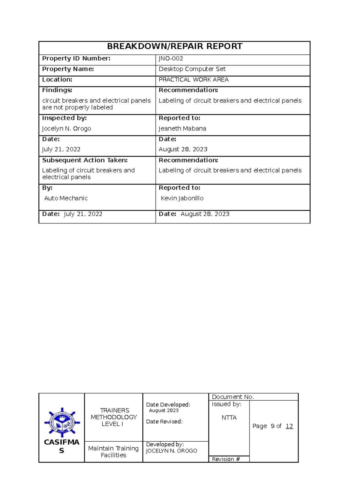 09 Breakdown Repair Report - BREAKDOWN/REPAIR REPORT Property ID Number ...