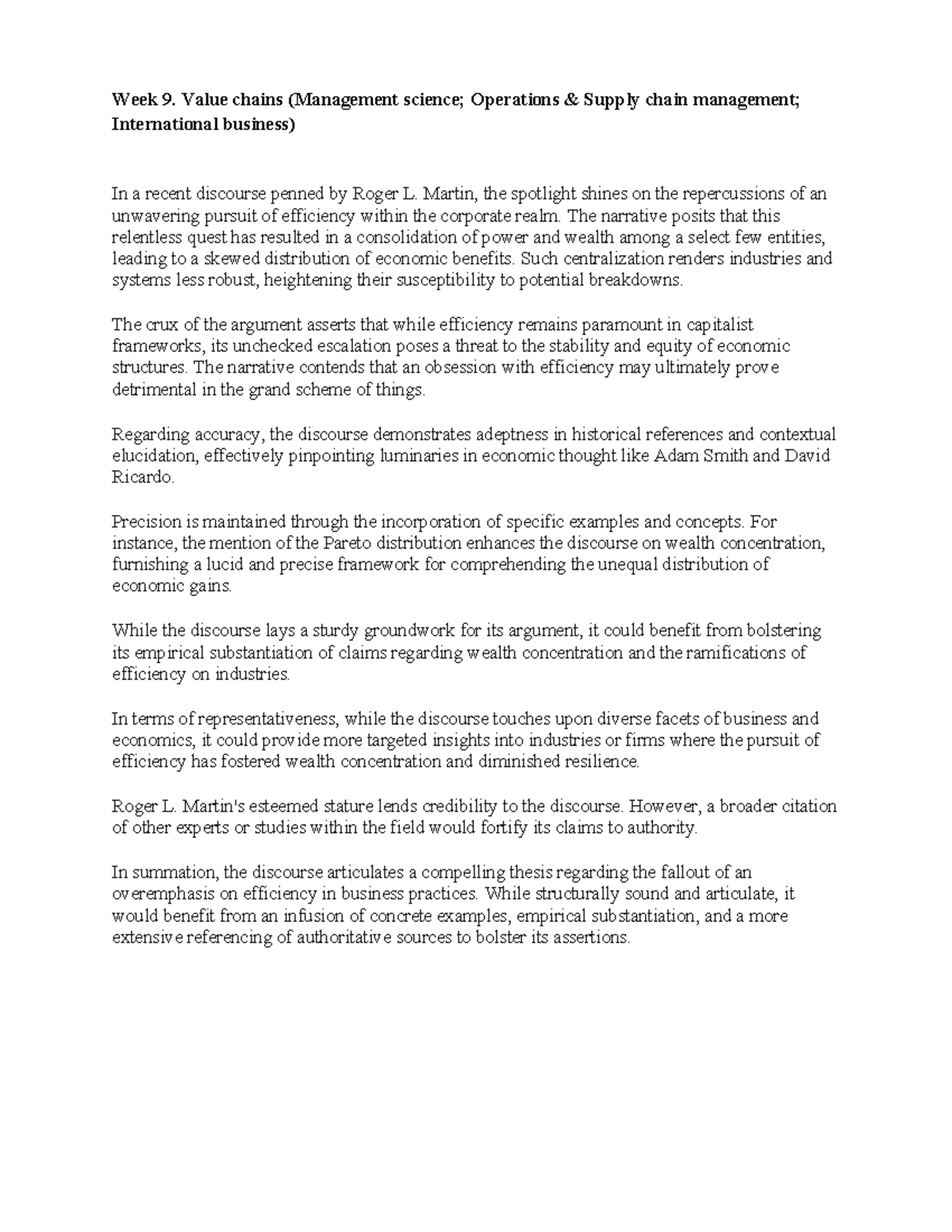 ADMS-1010 Weekly Assignment 7 - Week 9. Value chains (Management science; Operations & Supply ...