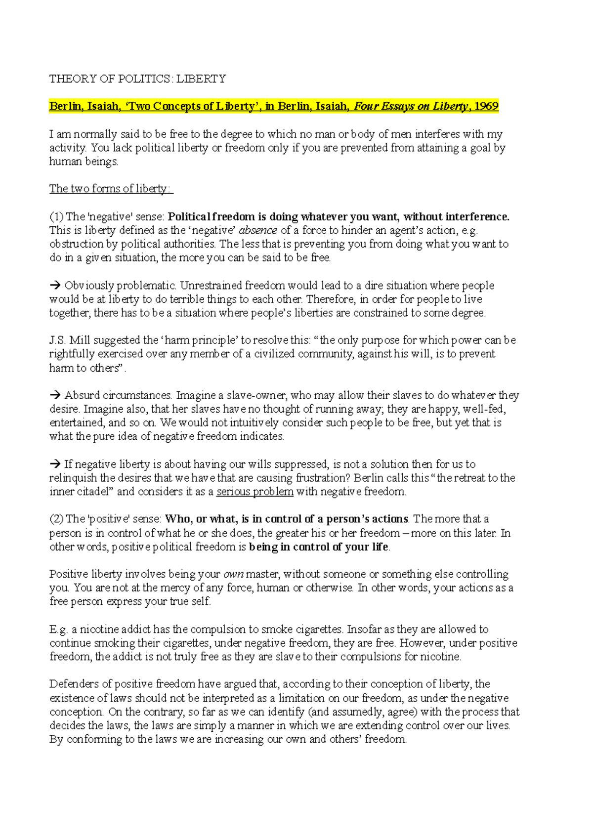 Lecture + Literature Notes; Liberty (Political Theory) Notes - THEORY ...