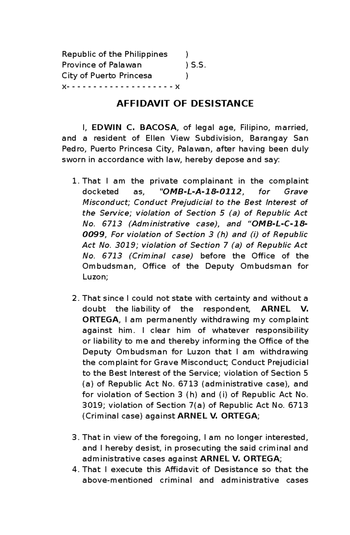 Affidavit OF Desistance - Republic of the Philippines ) Province of ...