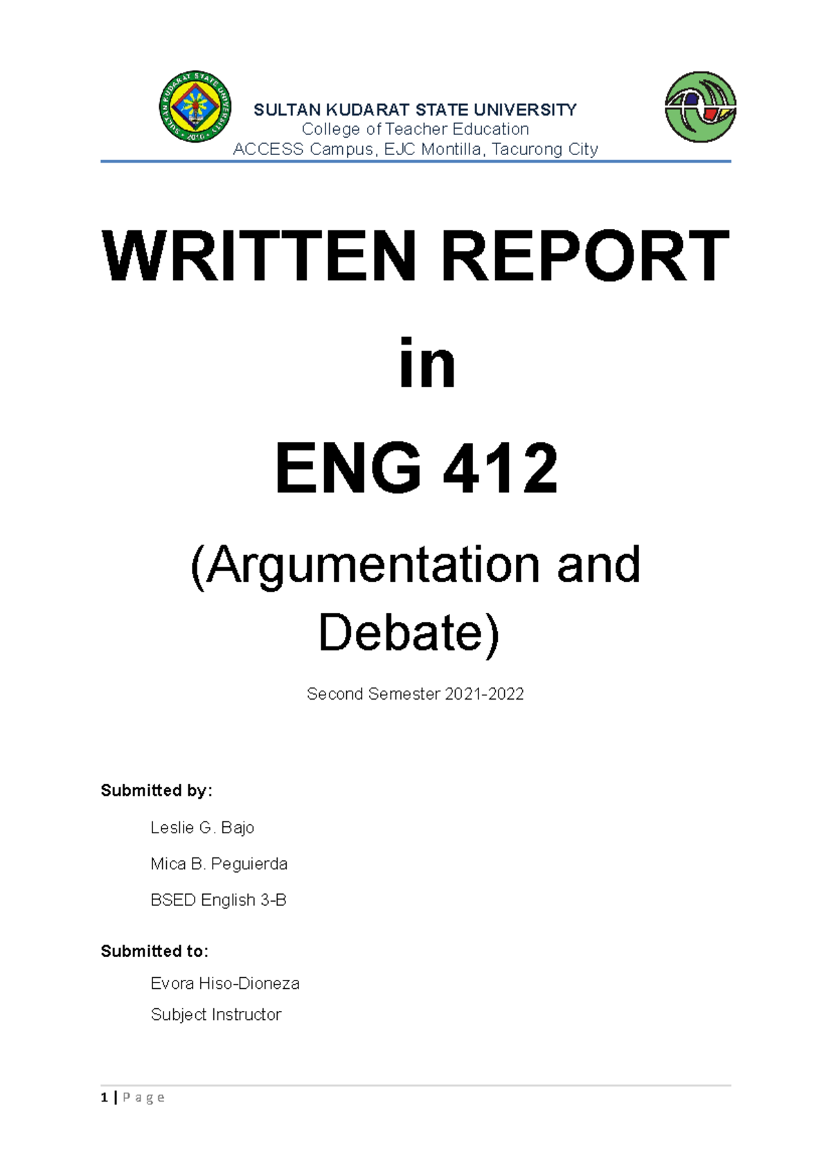 Argumentation and Debate Written Report - SULTAN KUDARAT STATE ...
