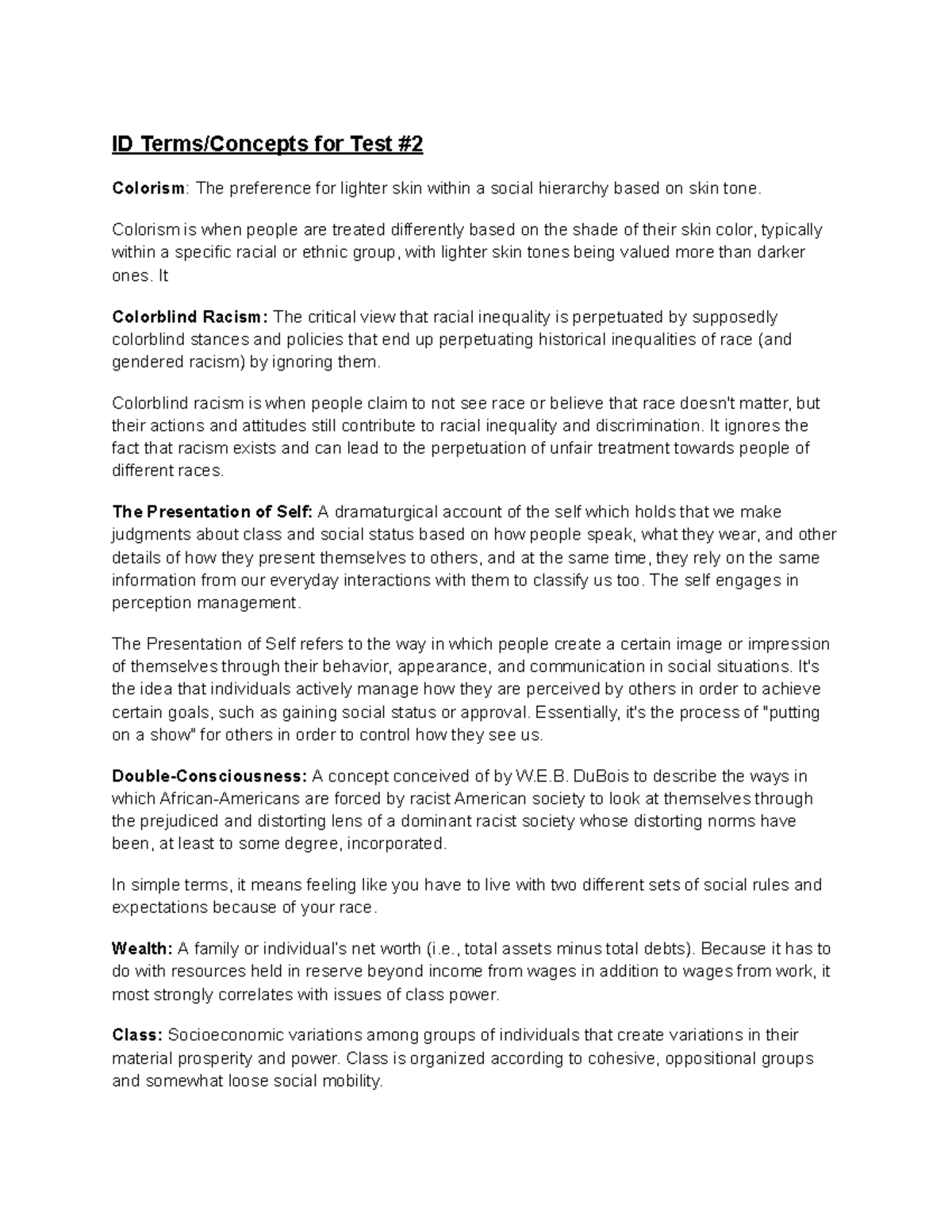 Sociology Midterm Review Guide - ID Terms/Concepts for Test Colorism ...