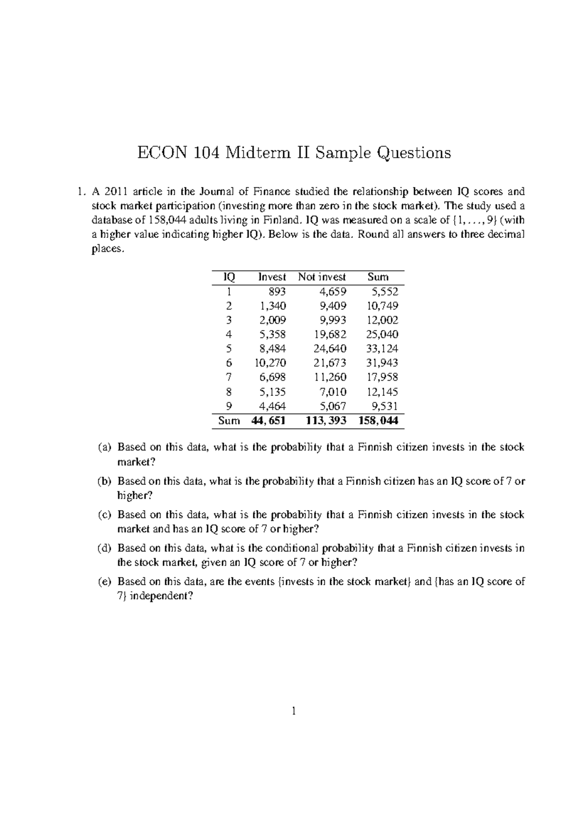 Econ 104 midterm II sample questions - ECON 104 Midterm II Sample ...