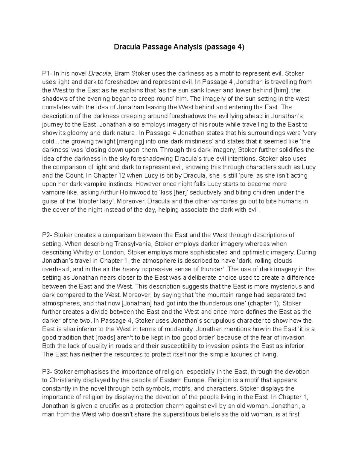 Dracula Passage Analysis 4 - Stoker uses light and dark to foreshadow ...