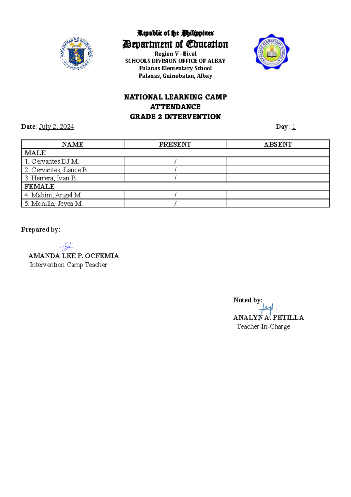 NLC Attendance- Sheet Grade-2 Intervention - Republic of the ...