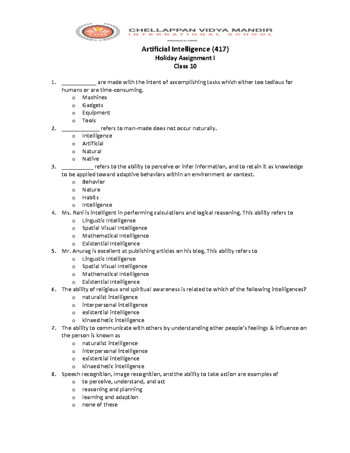 AI MCQ PART 1 Questions - Mcqs - Artificial Intelligence (417) Holiday ...