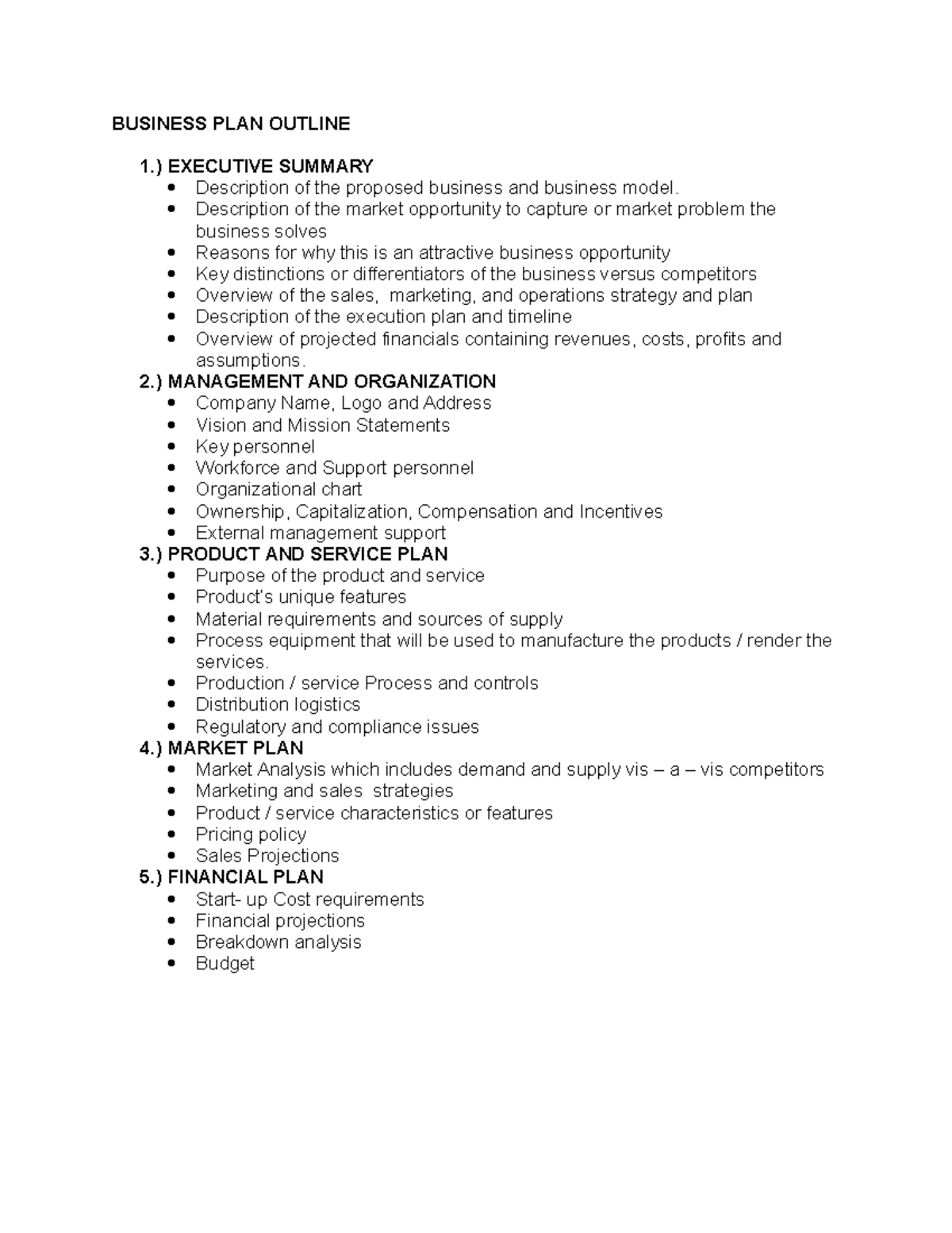 Business PLAN Outline - BUSINESS PLAN OUTLINE 1.) EXECUTIVE SUMMARY ...