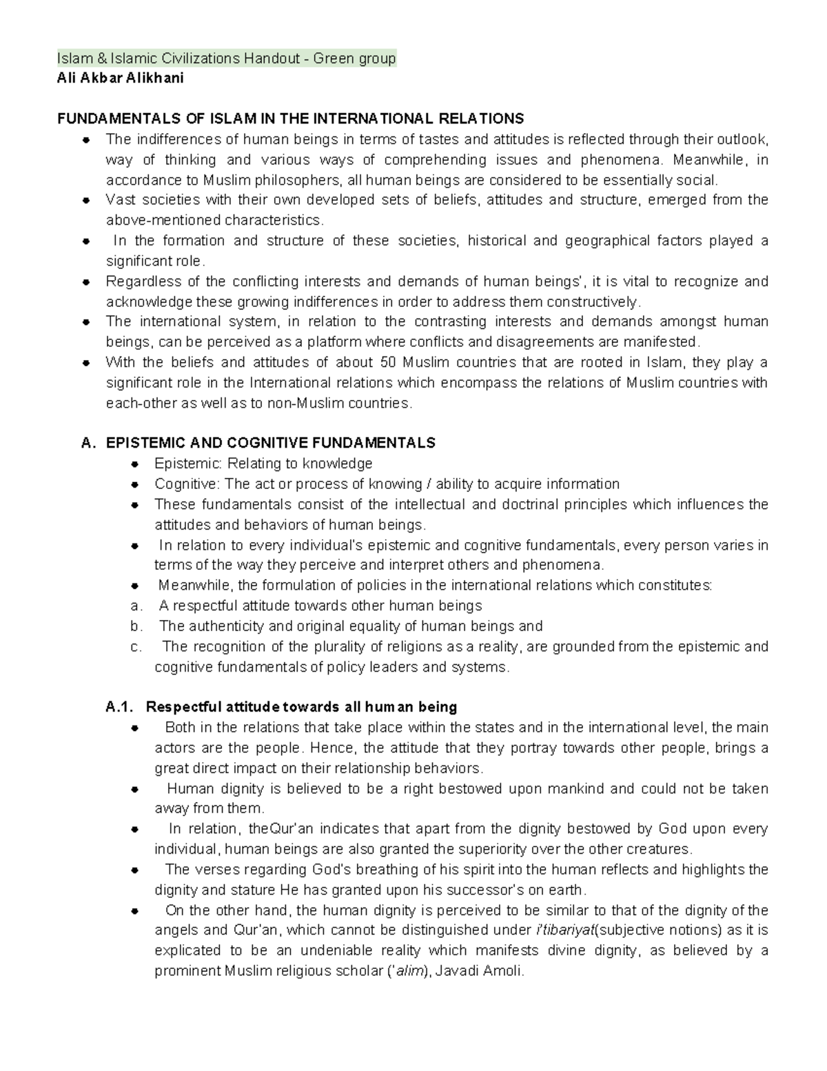 Islamic Handouts (1) - Ali Akbar Alikhani FUNDAMENTALS OF ISLAM IN THE INTERNATIONAL RELATIONS ...