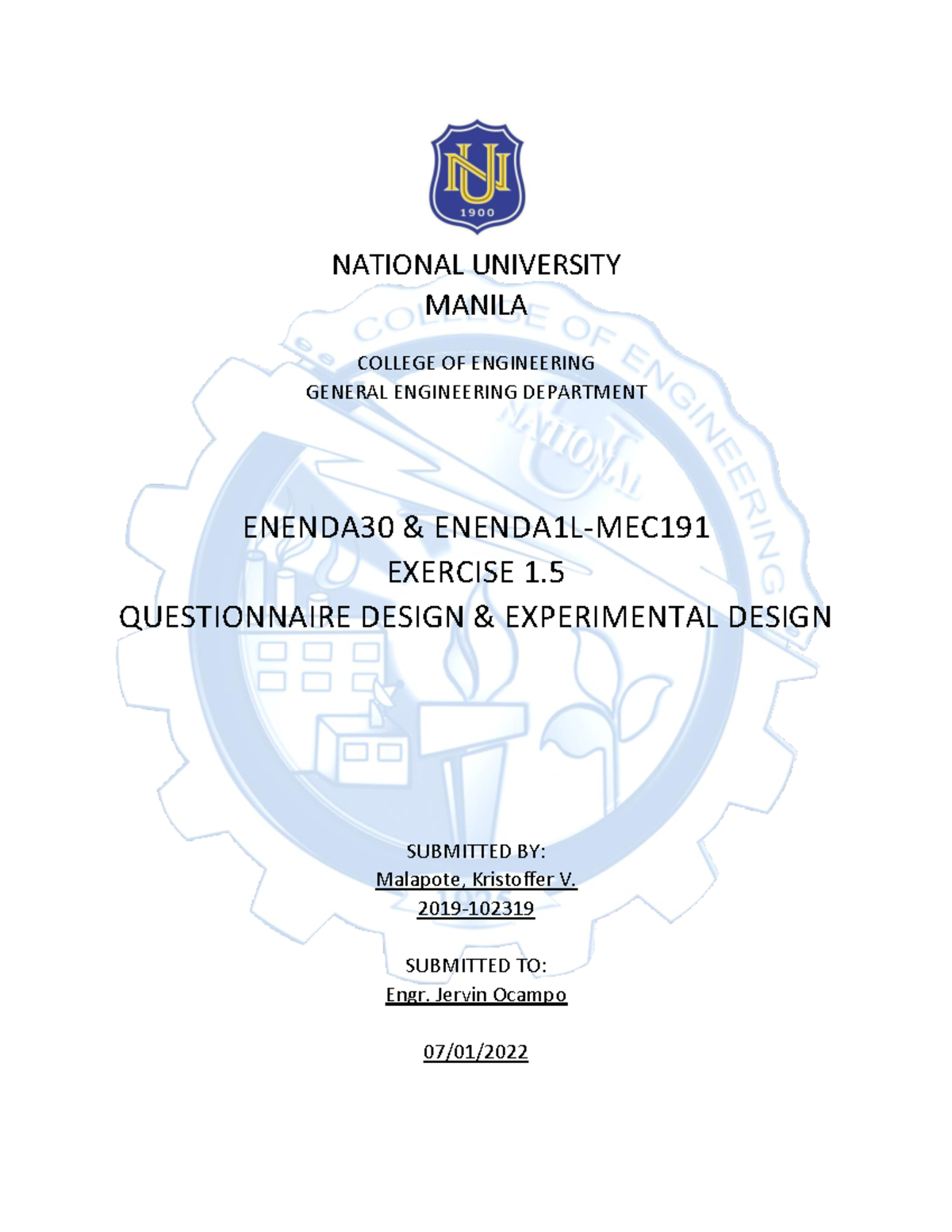 Data Analysis for mechanical engineering students - NATIONAL UNIVERSITY MANILA COLLEGE OF - Studocu