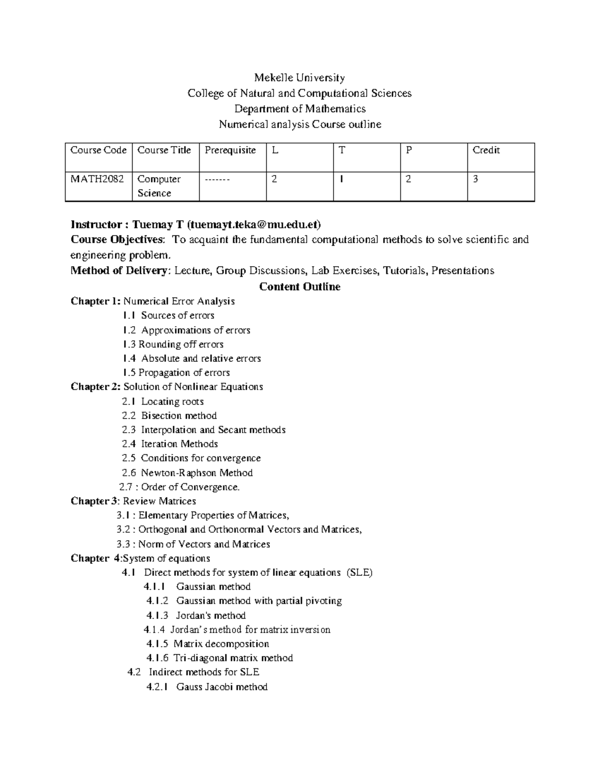 Course outline Numerical analysis (1) - Mekelle University College of Natural and Computational ...