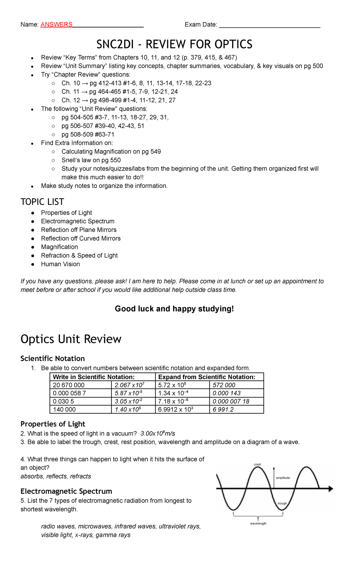 Optics Exam Review Booklet (answers) - Name: ANSWERS Exam Date