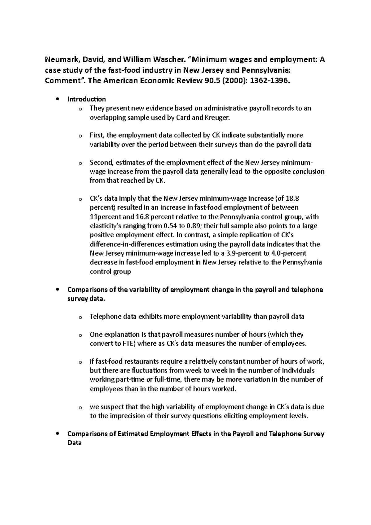 Neumark & Wascher 2000 notes - Neumark, David, and William Wascher ...