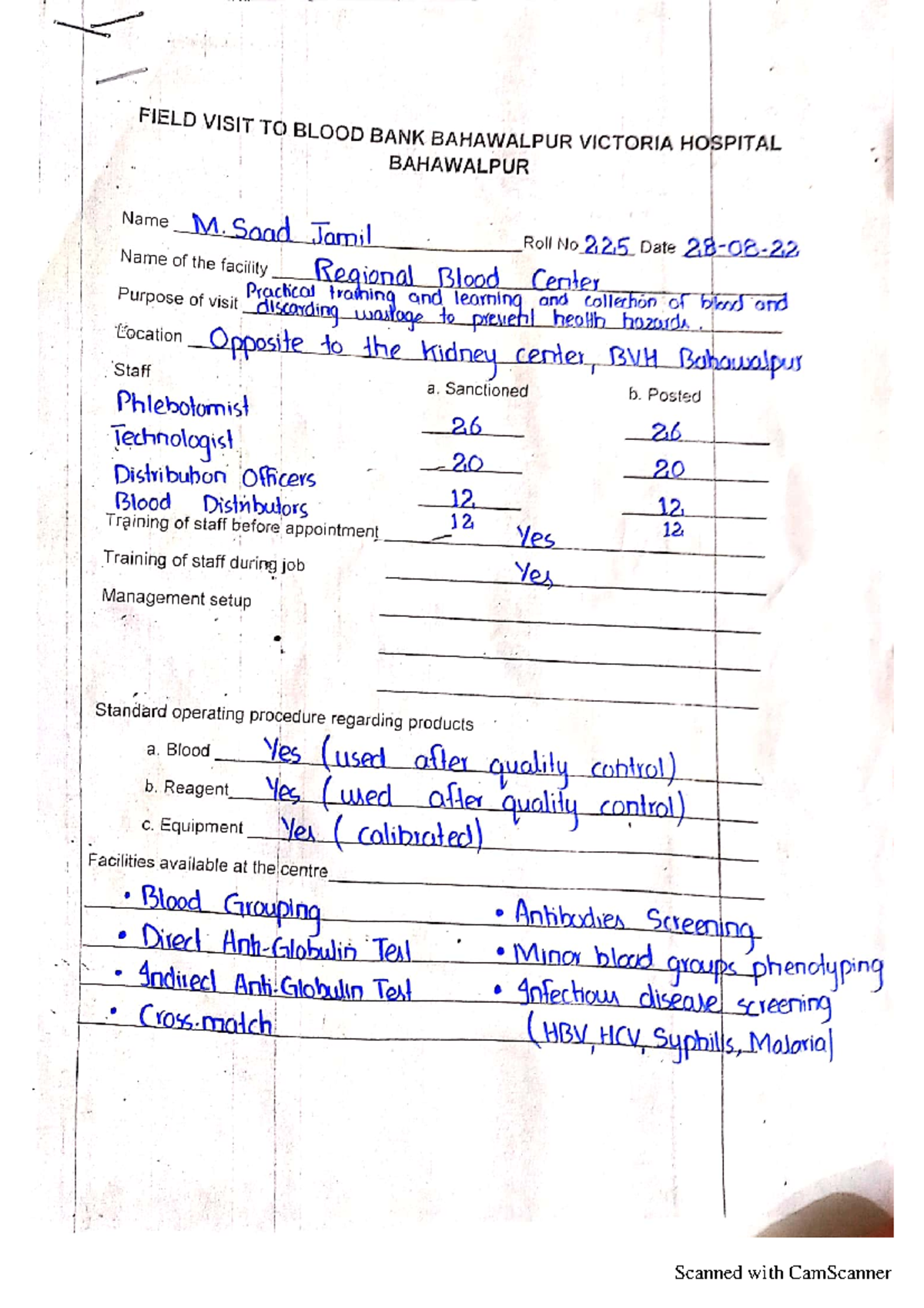 Blood Bank Field Visit Performa - Medical Sciences - Scanned with ...