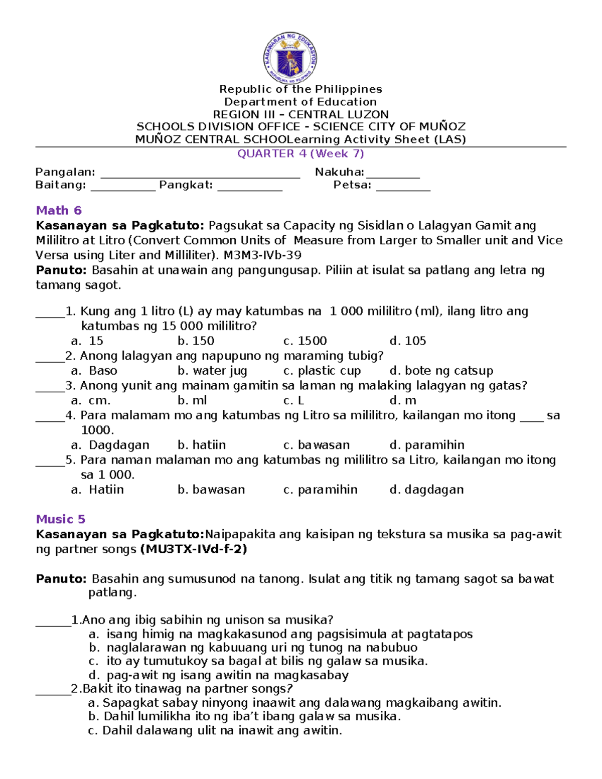 LEARNERS ACTIVITY - Republic of the Philippines Department of Education ...