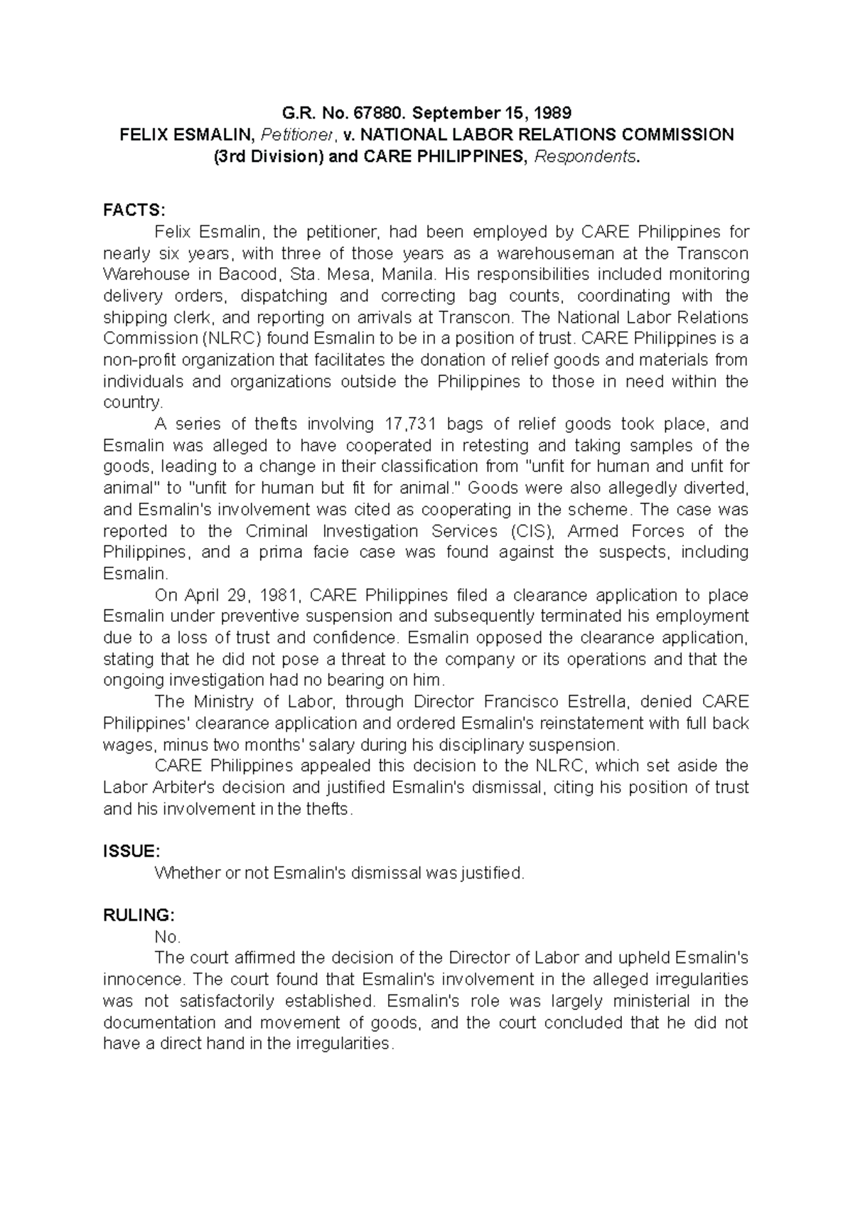 Esmalin v NLRC et al GR 67880 September 15 1989 - G. No. 67880 ...