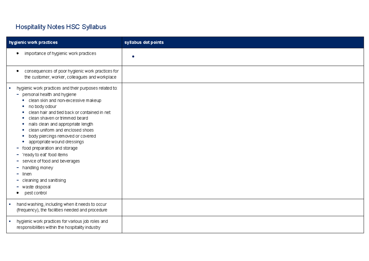 Hospitality HSC Syllabus - Copy - Hospitality Notes HSC Syllabus ...