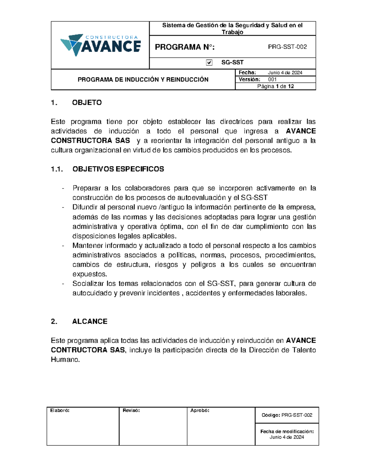 PRG-SST-002 Programa de Inducción y Reinducción - Trabajo PROGRAMA N°: PRG-SST- 002 SG-SST ...