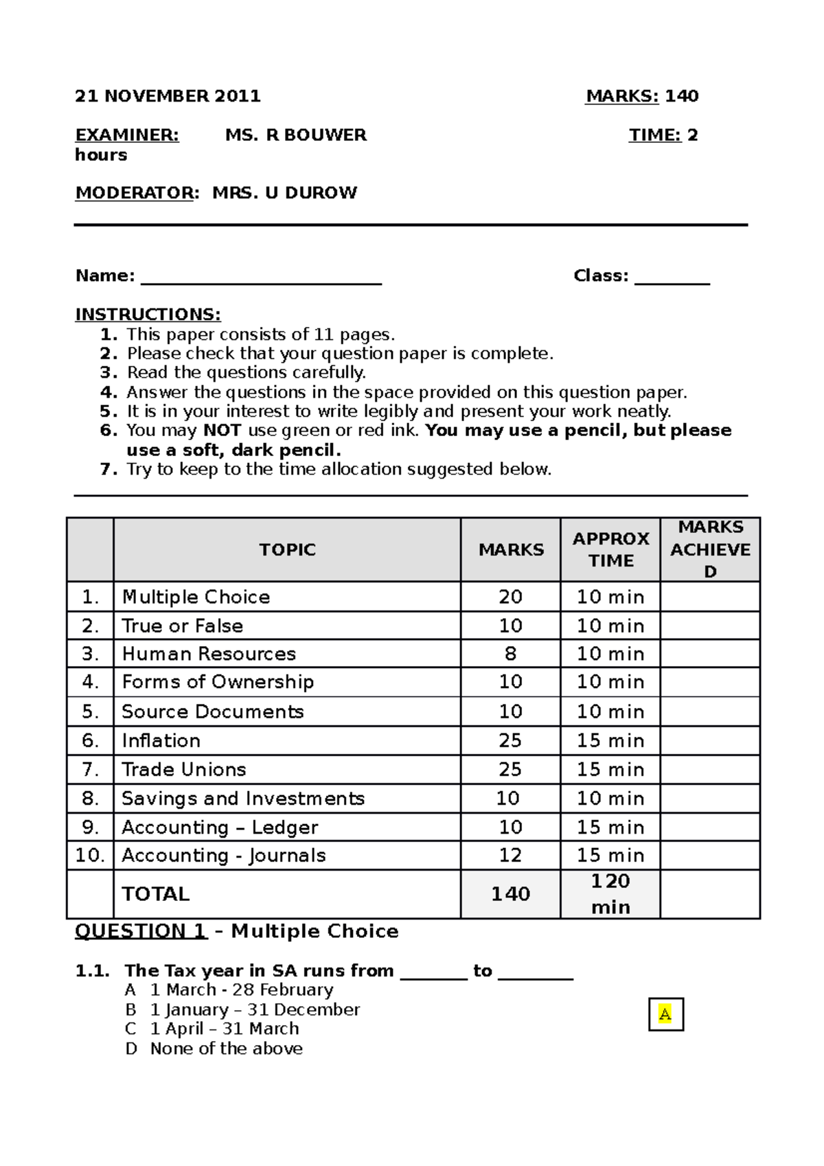 21 November 2011 MARK1 - hbhbhbhb - 21 NOVEMBER 2011 MARKS: 140 ...