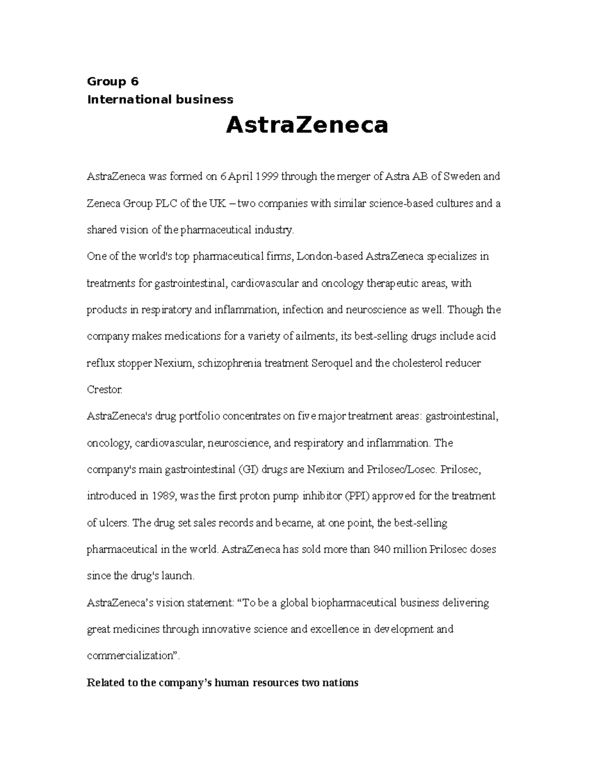 Astrazeneca Paper Group 6 - Group 6 International business AstraZeneca ...