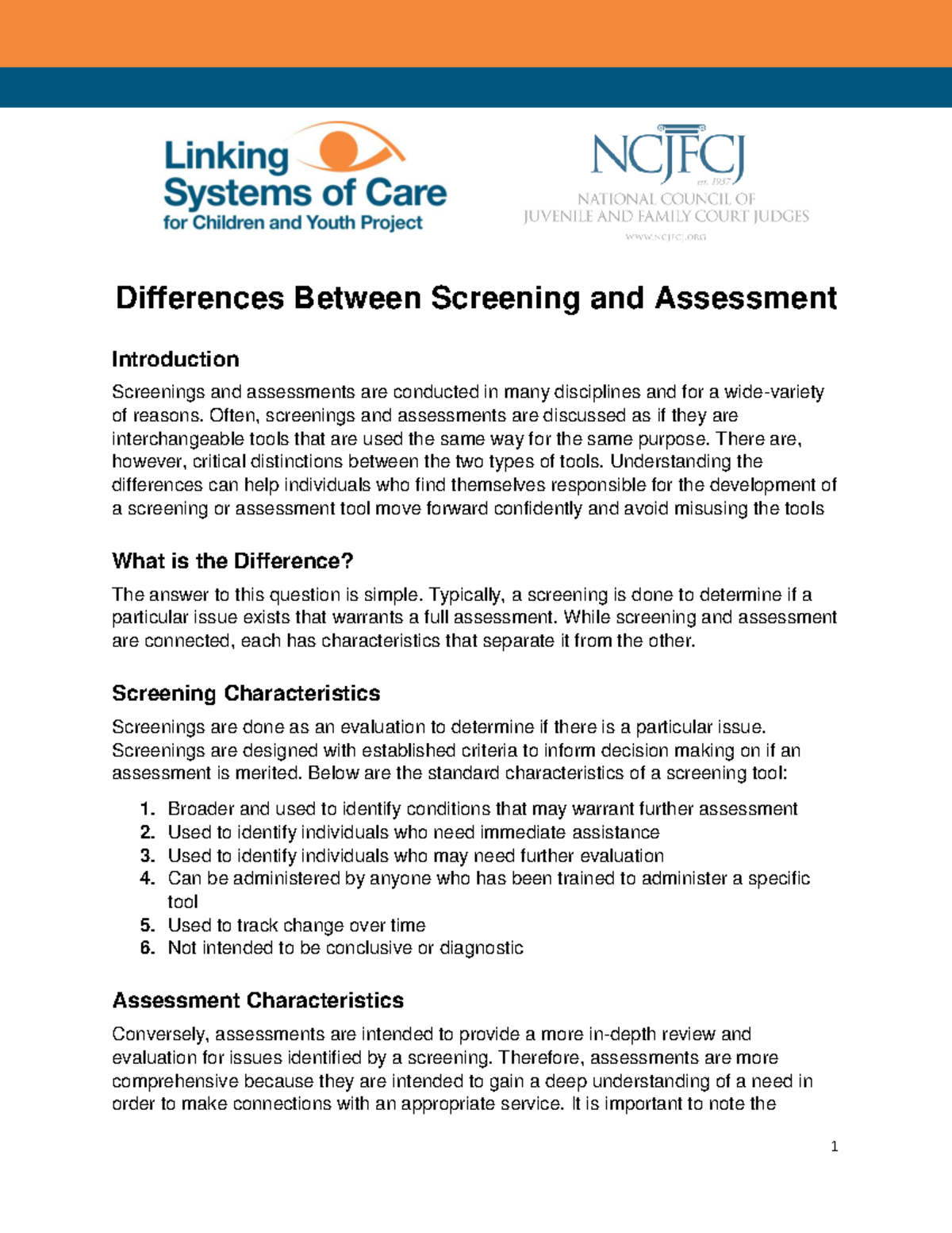 Differences between screening and assessment - 1 Differences Between ...
