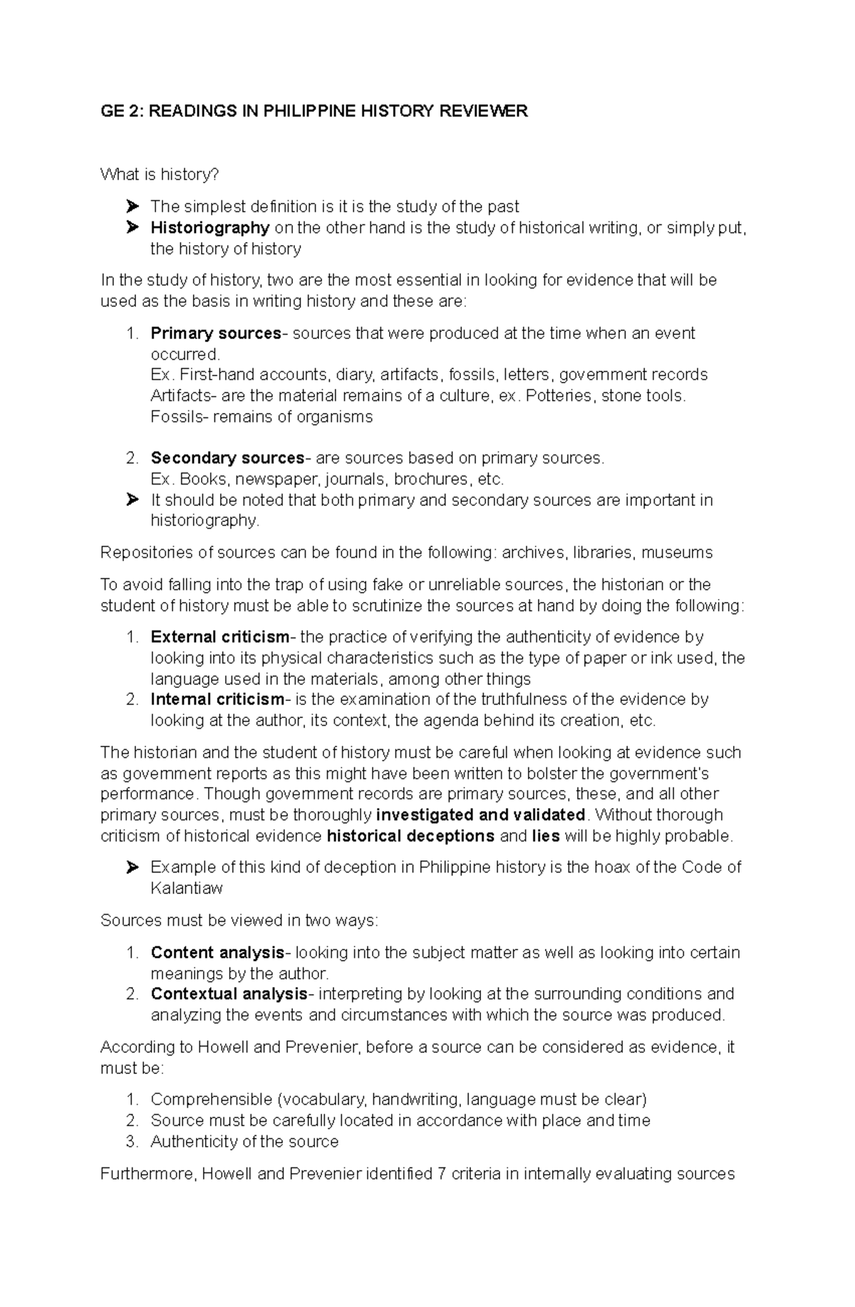 GE 2 Review materials - GE 2: READINGS IN PHILIPPINE HISTORY REVIEWER What is history? The - Studocu