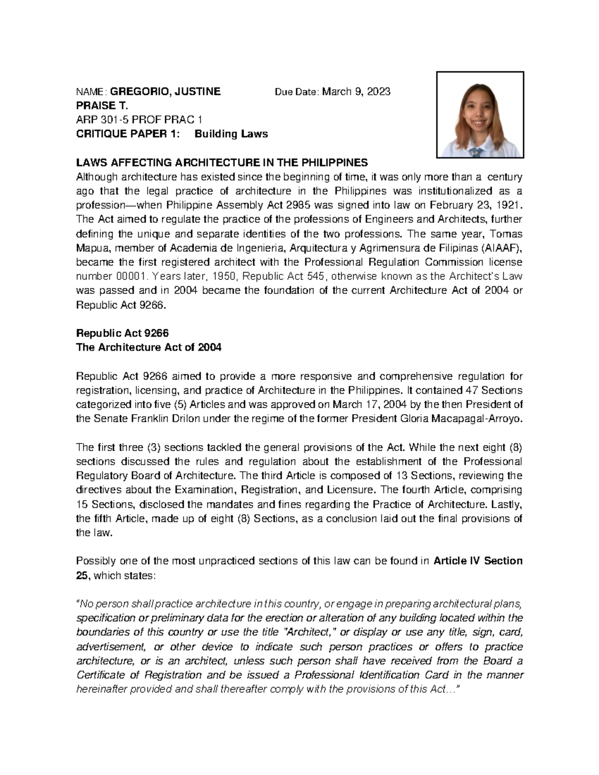 Critique on RA 9266 - NAME: GREGORIO, JUSTINE PRAISE T. Due Date: March ...